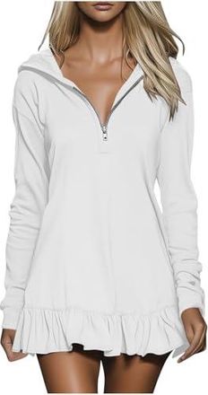 Generic Mini robe chandail &agrave; capuche avec fermeture &eacute;clair quart de col en V pour femme, style r&eacute;tro, surdimensionn&eacute;, ourlet &agrave; volants, tendance, d&eacute;contract&eacute;,
