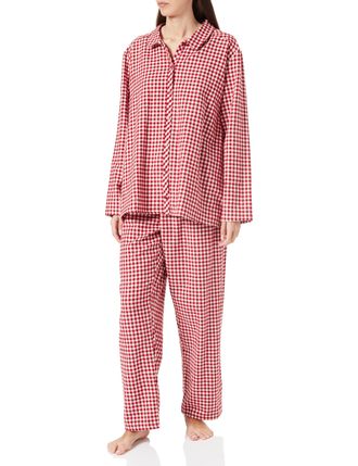 CALIDA Damen Pyjamaset Holiday Dreams, rot aus 100% Baumwolle, mit Reverskragen und Knopfleiste, Gr&ouml;&szlig;e: 48/50