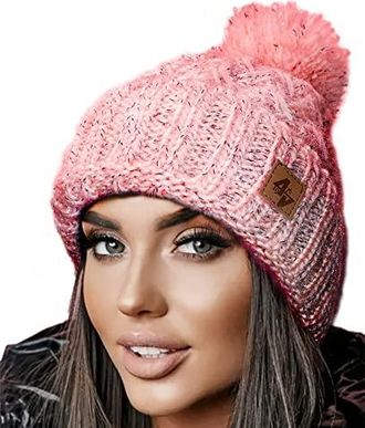 4sold Hommes Lady Bonnets Bonnet Fourré Hiver pour Femme Bonnet Tricoté et Gros Pompon Coloris Taille Unique Gold Circle Doublure Polaire Confortable (Pink 