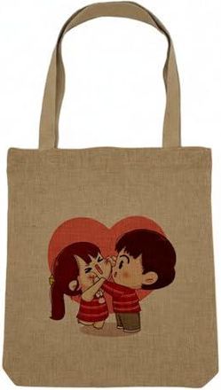Fabulous Sac Shopping Tote Bag Aspect Lin - Enfant Couple Dessin Style Japonais Mignon Amour - Sac de Courses Toile Epaisse 360g Beige Naturel Cabas Port&eacute; Epau