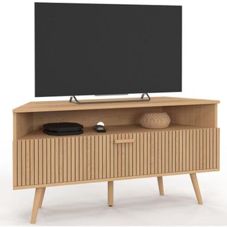 IDMarket TV-M&ouml;bel 110 cm Eckschrank JULIETTE 1 T&uuml;r mit Latteneffekt, eichenfarbig