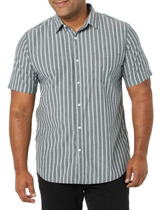 Amazon Essentials Herren Kurzärmeliges Hemd aus Popeline, Schmale Passform, Marineblau Streifen, XXL