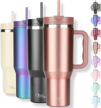 Milu Gobelet thermique 1200ml avec paille & anse, 24h glacé / 12h chaud Tumbler 40oz en acier inoxydable avec poignée, isolant bouteille to go (Rose Gold, 