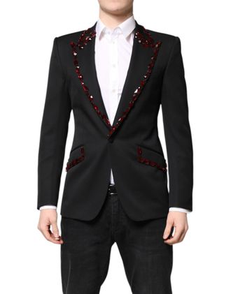 Dolce & Gabbana Mens Black Sicilia Crystalembellished Coat Blazer Virgin Wool Silk Polyester Clothing