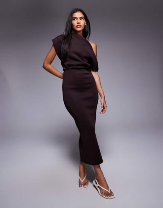 Asos Robe mi-longue en imitation n&eacute;opr&egrave;ne &agrave; encolure spectaculaire - Chocolat-Marron