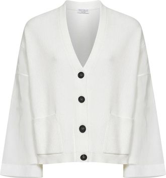 Brunello Cucinelli Femme, Pulls, Blanc, Taille: 36 FR Cardigan c&ocirc;tel&eacute; &agrave; manches en organza
