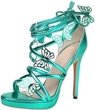 SJJH Sandales tendance pour femme avec talons aiguilles hauts et sangles croisées - Sandales à lanières décorées de papillons à talons hauts, vert, 32 EU