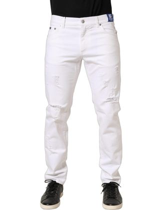 Dolce & Gabbana White Cotton Ripped Slim Fit Men Denim Jeans Elastane Clothing