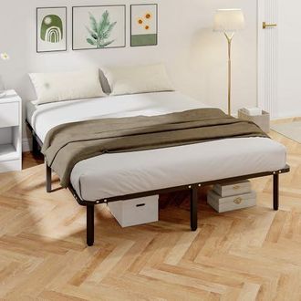 HOMCOM Cadre de lit 160 x 200 cm, lit 2 Personnes avec sommier &agrave; Lattes en Bois Massif et Pied, 26 cm de Hauteur avec Rangement au-Dessous, Pas Besoin de som