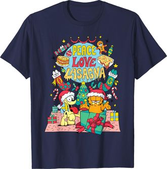 Garfield T-Shirt: Christmas & Odie Peace Love Lasagne - Unisex, Klein, Blau, Klassisch, Cartoon, Festlich, Crew-Ausschnitt, Kurze Ärmel