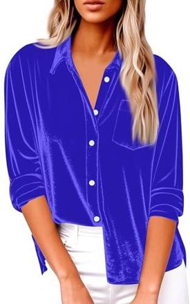 Generic Veste chemise en velours pour femme &agrave; manches longues et col boutonn&eacute; avec poches, tunique ouverte sur le devant, manteau doux pour le bureau, le salo