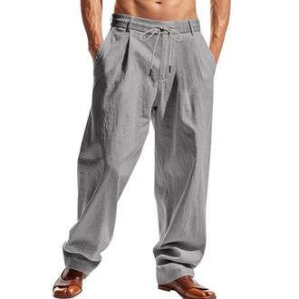 Generic Pantalon habill&eacute; en lin pour homme - Coupe ample - Taille &eacute;lastique - Pantalon d&eacute;contract&eacute; avec cordon de serrage - Pantalon de yoga ample - Jambe lar