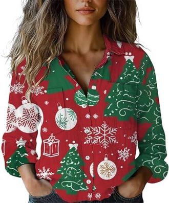 Generic Chemisier de Noël pour femme, chemise ample 2025 décontractée à manches longues en imitation coton, vêtements pour lintérieur, la maison, les fêtes, c