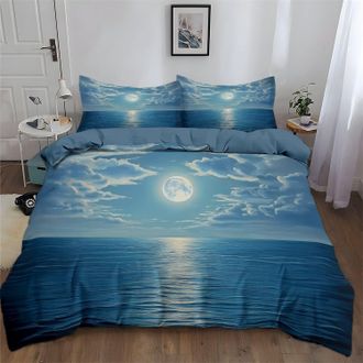 Generic Wendbares Bettw&auml;sche Set 3-teilig 155 x 220 cm Mikrofaser Bettbezug mit Rei&szlig;verschluss, Eckb&auml;ndern & 2 Kissenbez&uuml;gen Nat&uuml;rliche Meeres- Und Mondlandsc