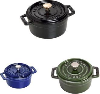 Staub Lot de 3 Mini Cocottes en Fonte, Ronde, Ø 10 cm, 0,25 L, Noir Mat, Bleu Intense, Vert/Basilic