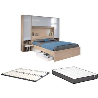Vente-Unique Lit pont 160 x 200 cm avec rangements - avec LEDs - Coloris : Naturel et blanc brillant + Sommier + Matelas - VELONA