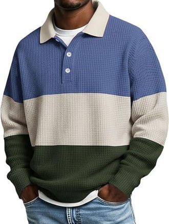 Generic Sweat-shirt &agrave; manches longues pour homme - Pull gaufr&eacute; - Haut - Automne - Hiver - Sans capuche - Col &agrave; revers - Polo - Coupe ample - Pull de travail a