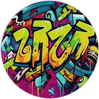 Generic Tapis Rond de Salon Luxe Rue de Graffitis color&eacute;e pour Salle &agrave; Manger Bureau Lavable en Machine et Poil Court 120 cm (Round) Tapis Chambre avec Dos An