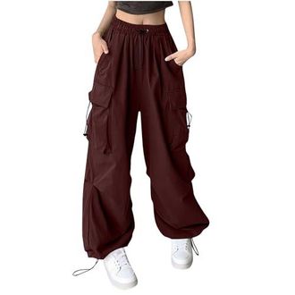 Generic Pantalon cargo pour femme - Taille haute - Jambe large - Baggy d&eacute;contract&eacute; - Pantalon de parachute Y2K Streetwear avec plusieurs poches, bordeaux, 3XL