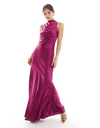 Tfnc Linvit&eacute;e - Robe longue asym&eacute;trique &agrave; col montant en satin - Prune-Violet