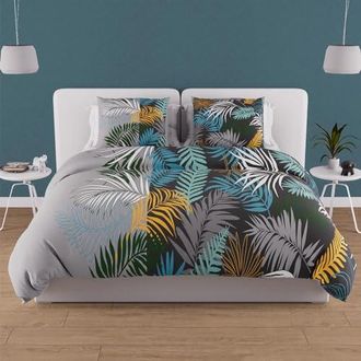 Soleil d'Ocre Parure Housse de Couette en Coton 57 Fils 240x220 cm Jungle Bleu