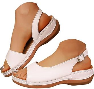 Generic Sandales compens&eacute;es pour femme - &Eacute;t&eacute; 2026 - Sandales orthop&eacute;diques d&eacute;contract&eacute;es &agrave; talon bas - Confortables - Pour la marche et la marche, blanc, 38.5