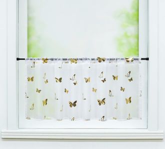 Joyswahl Schlichte Scheibengardine mit Tunnelzug Voile Bistrogardine »Dana« mit Glanzdruck Transparente Gardine Stores HxB 30x120cm, Gold, 1er Pack