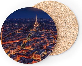 Fabulous Untersetzer aus Glas, rund, Basis Kork, Paris bei Nacht, Eiffelturm, Stadt, Luftaufnahme - 1 Einheit (95 x 95 mm)