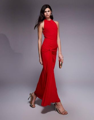 Forever New Maxikleid in Rot mit hohem Wasserfallausschnitt und drapiertem Zierknoten hinten