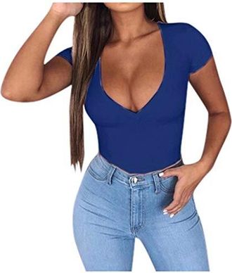 Generic T-shirt extensible &agrave; manches courtes et col en V profond pour femme - Haut sexy et d&eacute;contract&eacute; pour sortir en soir&eacute;e, bleu, XXL