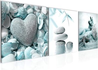 Runa Art Bilder Feng Shui Steine 3 Teilig Bild auf Vlies Leinwand Deko Wohnzimmer Schlafzimmer 90 x 30 cm Strand Türkis Grau 501634b