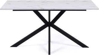 IDMarket Table à manger rectangle alix 8 personnes pied araignée métal noir et plateau effet marbre blanc alaska 160 cm