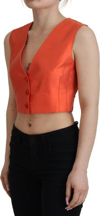 Dolce & Gabbana Womens Orange Sleeveless Waistcoat Cropped Vest Top Silk Elastane