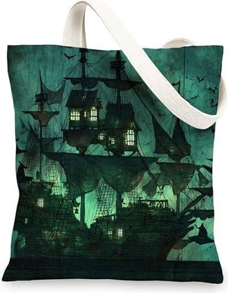 Generic Sac fourre-tout en toile motif bateau pirate, sac dépicerie réutilisable, vintage, léger, lavable avec bandoulière, vert, 13x15 Inch