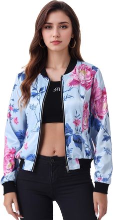 Allegra K Damen Bunt Blouson Fr&uuml;hling Sommer Bomberjacke Blumenmuster Rei&szlig;verschluss Jacket Blau Rosa M