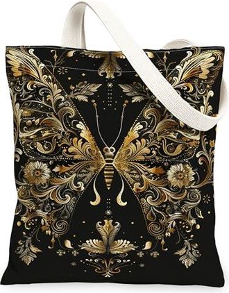 Generic Sacs fourre-tout &eacute;l&eacute;gants en toile motif papillon, sacs &agrave; provisions r&eacute;utilisables, l&eacute;gers et lavables avec bandouli&egrave;re, noir, 13x15 Inch