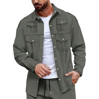 Generic Chemise boutonn&eacute;e pour homme avec poche, chemise &agrave; manches longues, chemise gaufr&eacute;e, col &agrave; revers, chemise dext&eacute;rieur respirante, d&eacute;contract&eacute;e, haut d