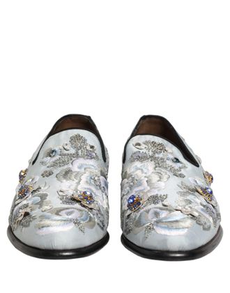 Dolce & Gabbana White Floral Embellished Men Loafers Shoes Leather