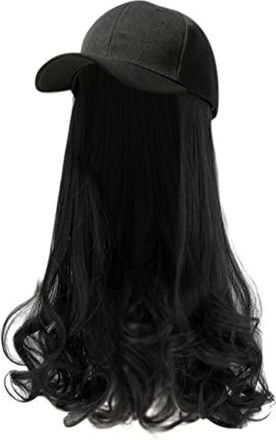 Generic Panthers Casquette Snapback en cheveux synth&eacute;tiques Casquette de baseball avec cheveux attach&eacute;s Long rouleau de poire boucl&eacute; r&eacute;glable en forme de vagu