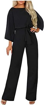 Generic Femmes Combinaison Col Rond Manches Longues Couleur Unie Barboteuse Taille Haute Jumpsuit D&eacute;T&eacute; Chic &Eacute;L&eacute;Gant Slim Pantalon Combishort Avec Ceinture Amp