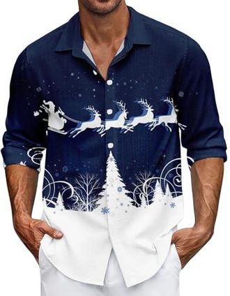 Generic Chemise de No&euml;l pour homme - F&ecirc;te de fin dann&eacute;e - Manches longues - Impression darbre de No&euml;l et neige - Chemise d&eacute;contract&eacute;e &agrave; manches longues pour h