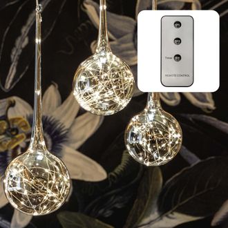 Hellum LED Glaskugel hängend mit Lichterkette mit Timer und Fernbedienung, 3er set Glaskugel < 59lm, mit 3x30 warmweiße LED, rauchgraues Licht H40 ø13cm, 59 