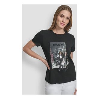 DKNY Dkny, Femme, Tops, Noir, Taille: 40 FR T-shirt &agrave; Manches Courtes Doux et Extensible &agrave; Encolure Ras du Cou