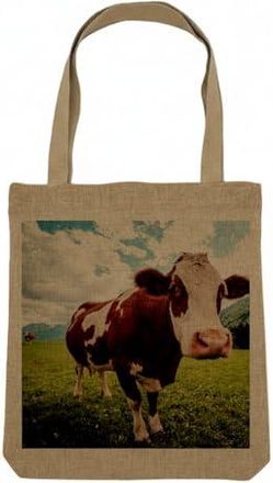 Fabulous Sac Shopping Tote Bag Aspect Lin - Vache dans un pr&eacute; Grand Angle Montagne Nuages - Sac de Courses Toile Epaisse 360g Beige Naturel Cabas Port&eacute; Epaule 
