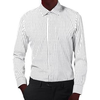 Generic Chemise formelle &agrave; manches longues pour homme - Chemise ray&eacute;e contrast&eacute;e boutonn&eacute;e - Col rabattu - Coupe quotidienne - Confortable - Sans repassage - 