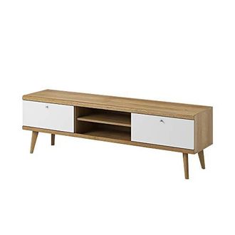 Selsey Scandi - TV-Schrank in Eiche-Weiß Matt mit Holzbeinen, 2 offene Fächer und 2 Klapptüren, 160 cm