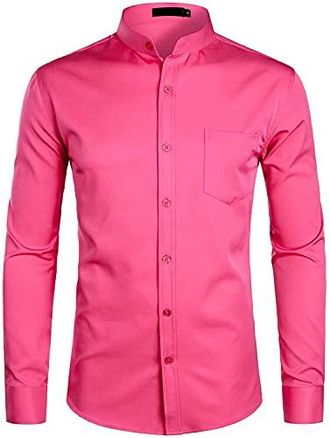 PARKLEES Chemise habill&eacute;e &eacute;l&eacute;gante &agrave; col grand-p&egrave;re pour homme, coupe ajust&eacute;e, manches longues, boutonn&eacute;e avec poche, XL