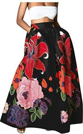 Generic Jupe Longue Femme Ete, Jupe Longue Pliss&eacute;e Fleuri Maxi Jupe Taille Haute Poche F&ecirc;te Plage Longue Jupe Robe Noire Vintage Robe D&Eacute;t&eacute; pour Femme Boho Max
