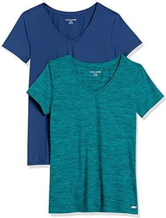 Amazon Essentials T-shirt Stretch et Quick Dry, Col en V et Manches Courtes (Disponible en Grande Taille) Femme, Lot de 2, Bleu/Vert Sarcelle Teinture Spatiale, XXL