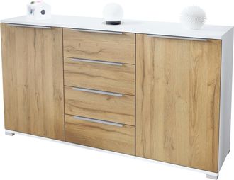 Vladon Sideboard Linio V1, Anrichte mit 2 Türen und 4 Schubladen, Weiß matt/Eiche Natur (138,5 x 75,5 x 35 cm)